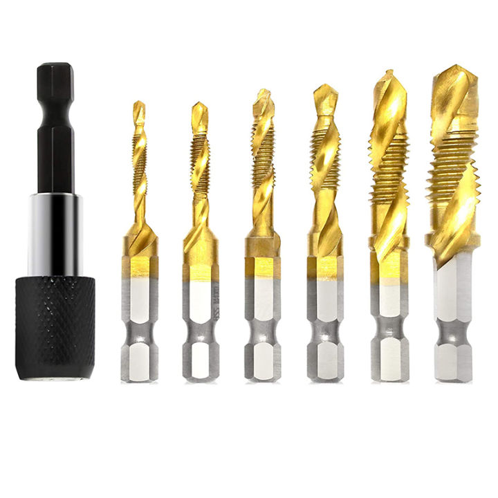7Pc Combination Drill and Tap Bit Set 3-In-1 Coated Screw Tapping Bit ...