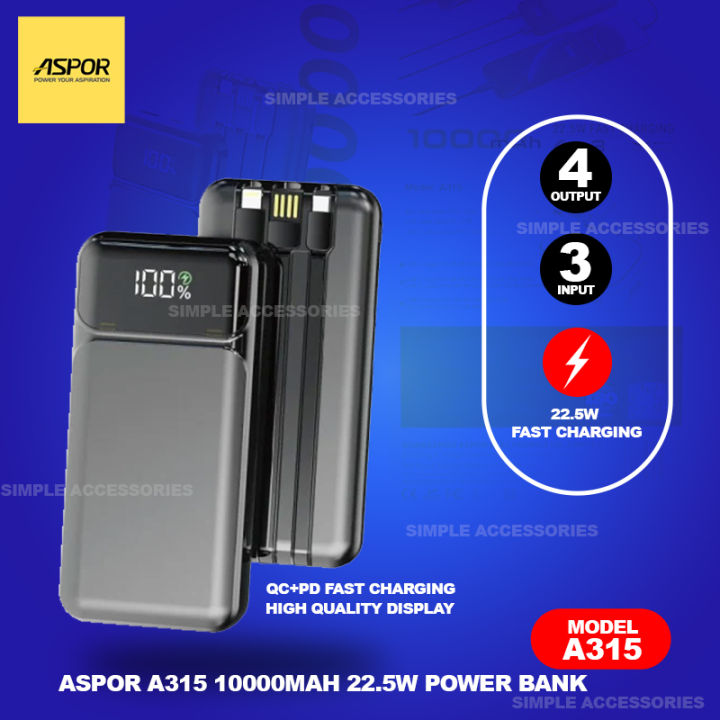 Aspor 10000mAh Power bank 22.5w Output - A315 22.5w fast charge, 3 ...