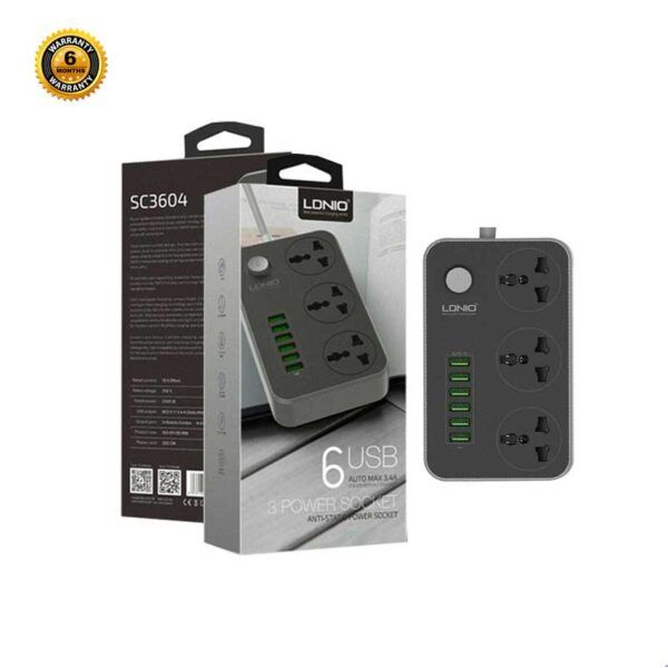 LDNIO 5V 3.4A 3 International Power Socket 6 USB Port LDNIO SC3604 3.4A Power Socket With 3AC ...