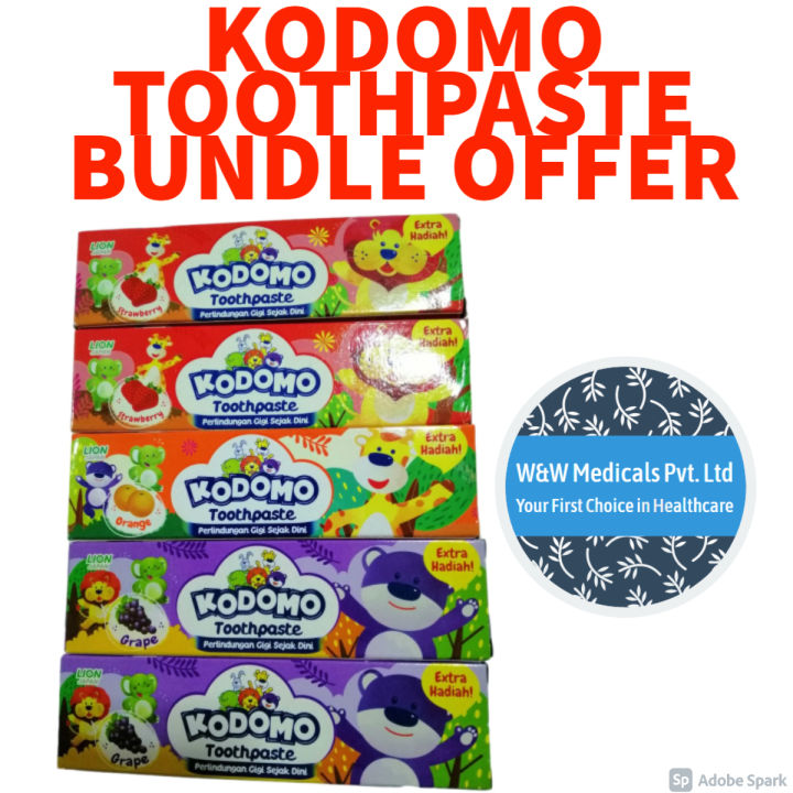 5 KODOMO Toothpaste 45g Bundle - 2 Strawberry, 2 Grapes and 1 Orange ...