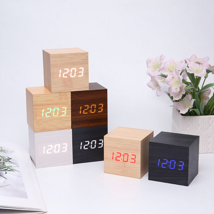 Digital Alarm Clock Wooden Alarm Clock USB/Battery Powered, Mini Cube ...
