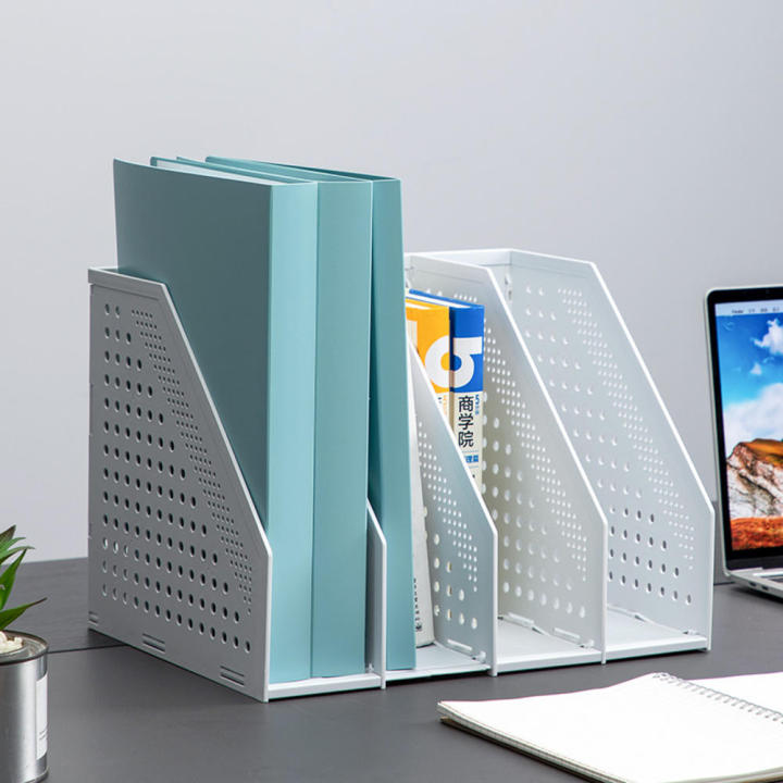4 Grid Vertical Book Organizer Plastic File Tray Gray Folder Storage ...