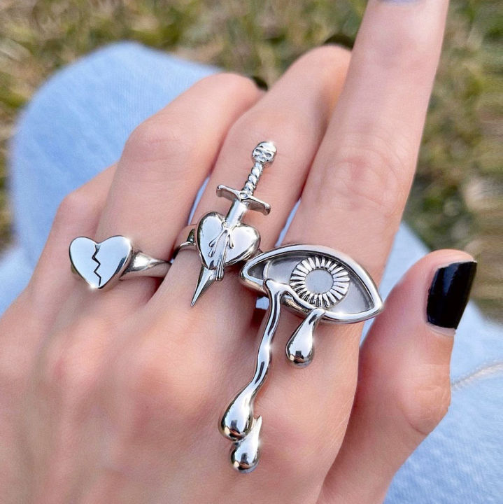 Vintage Gothic Eyes Tears Heart-Broken Rings Sets for Women Hip Hop ...