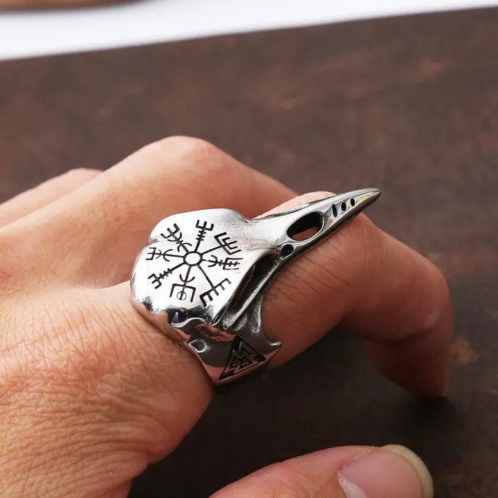 Vintage Odin Crow Skull Men's Ring Gothic Stainless Steel Compass Rings ...