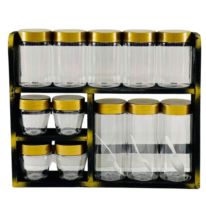 12pcs Spice Bottles Wooden Rack Gold Top Containers and 8pcs Wooden ...