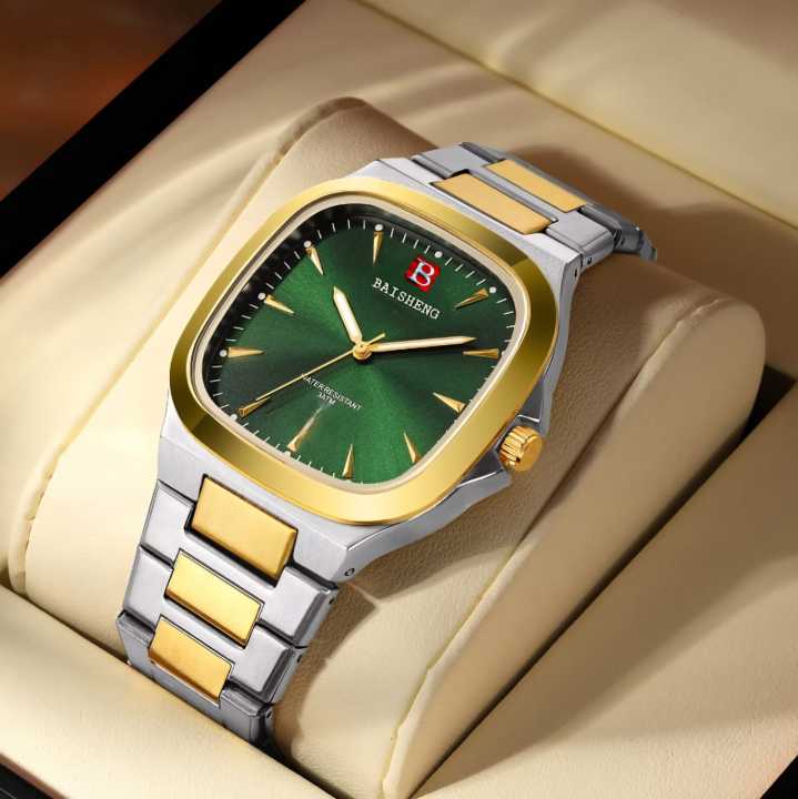 BAISHENG Rectangle Quartz Watch for Men Two Tone Stainlsee Steel Band ...