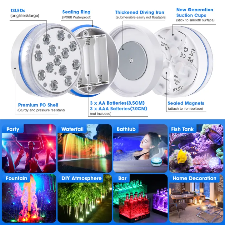 Updated Submersible LED Lights with Remote Underwater Pool IP68 Magnet ...