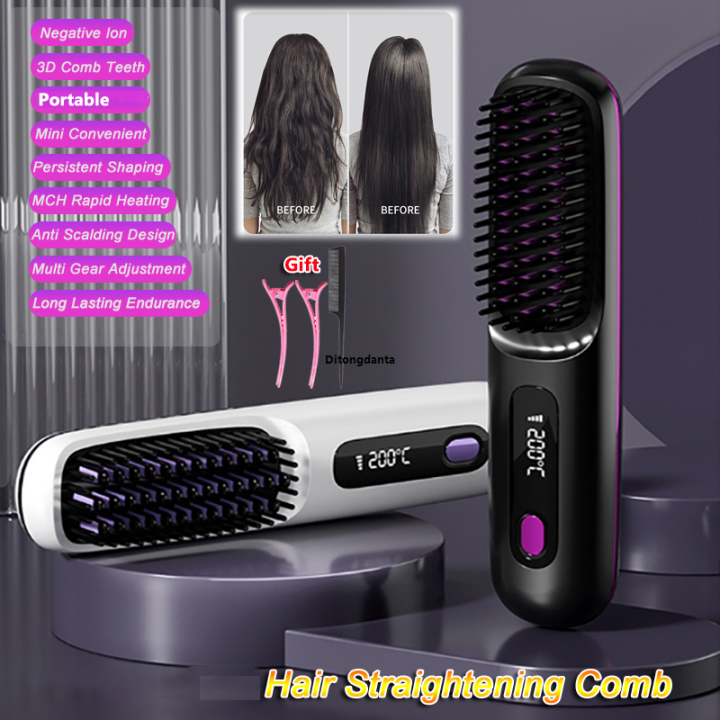Ceramic 2-in-1 comb straight electric heat comb mini straight curl comb ...