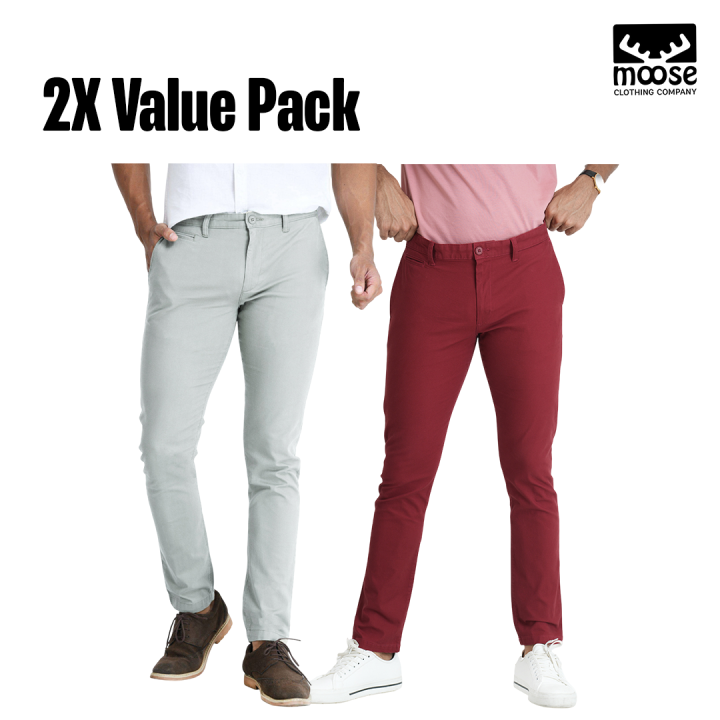 Moose Men’s Slim Fit Chino pant Bundle Pack - Irish Red & Mint 2 in 1 ...