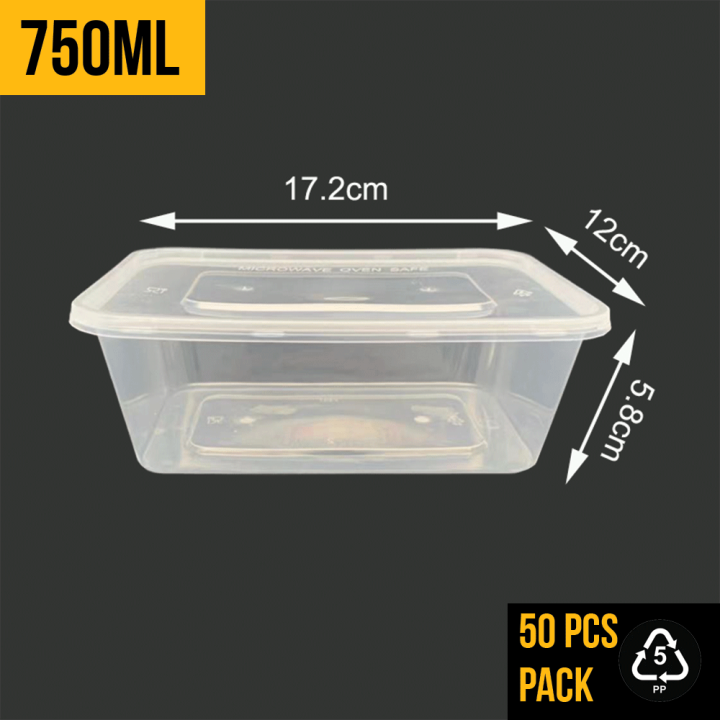 50 Pcs White PP5 Plastic Food Container | Disposable 750ML Lunch Box ...