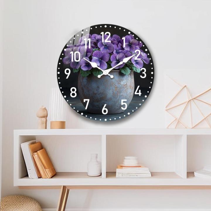 Purple pansies in rustic pot Quartz Analog Wooden Silent Wall Clock ...