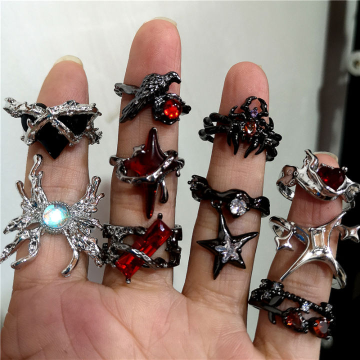 Y2K Gothic Dark Red Cross Star Crow Heart Rings For Women Goth Game ...