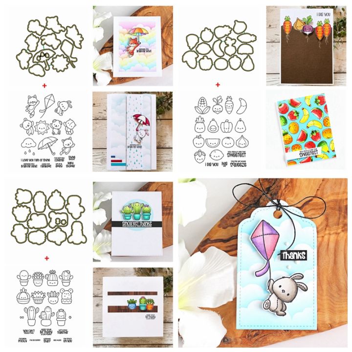 Mixed Fruits Lemon Vegetable Corn Cutting Dies With Clear Stamps Plants ...