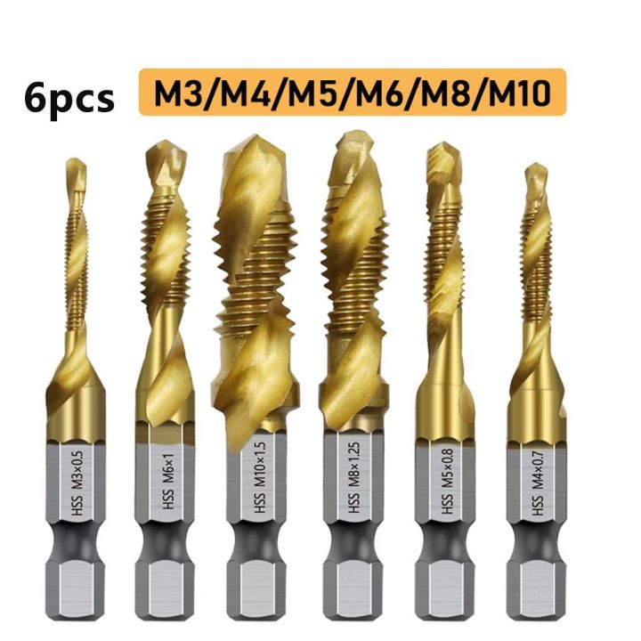 6Pcs Metric Hex Shank Tap Drill Bit Spiral Flute HSS Compound Tap M3 M4 ...