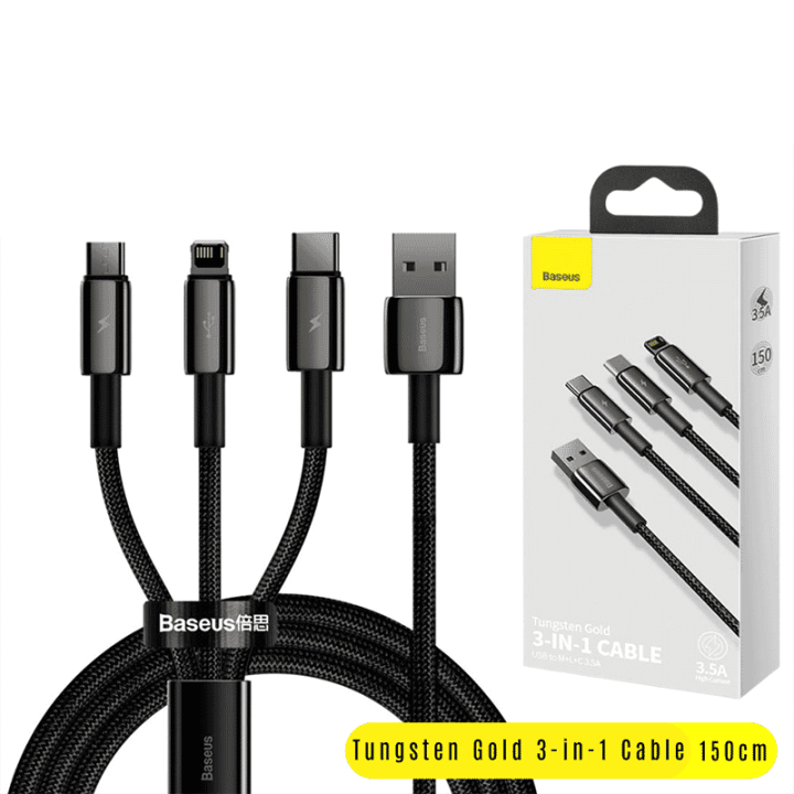 BASEUS Tungsten Gold 3-in-1 Fast Charging Cable - Micro USB, USB Type-C, Lightning 150cm | Daraz.lk