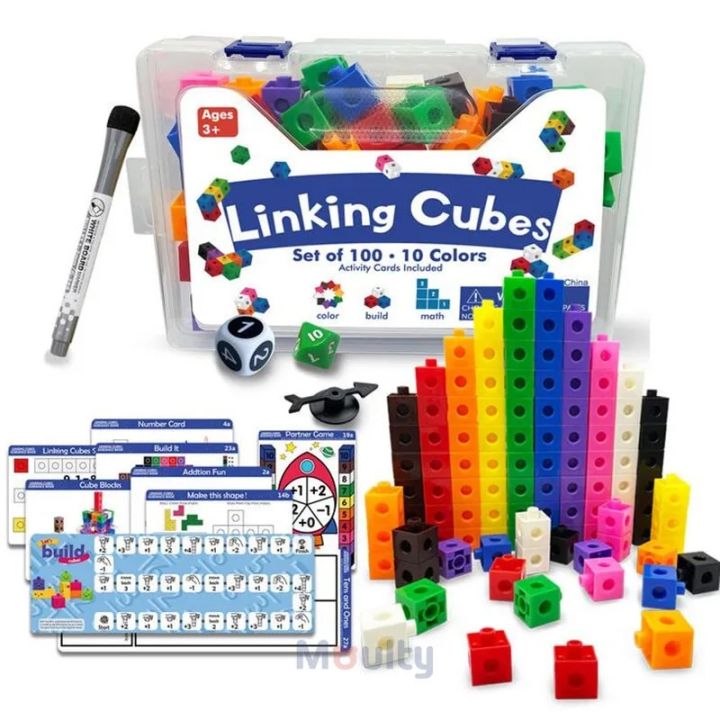 Moulty Linking Math Cubes with Activity Cards Set Number Blocks Counting Toys Snap Linking Cube ...