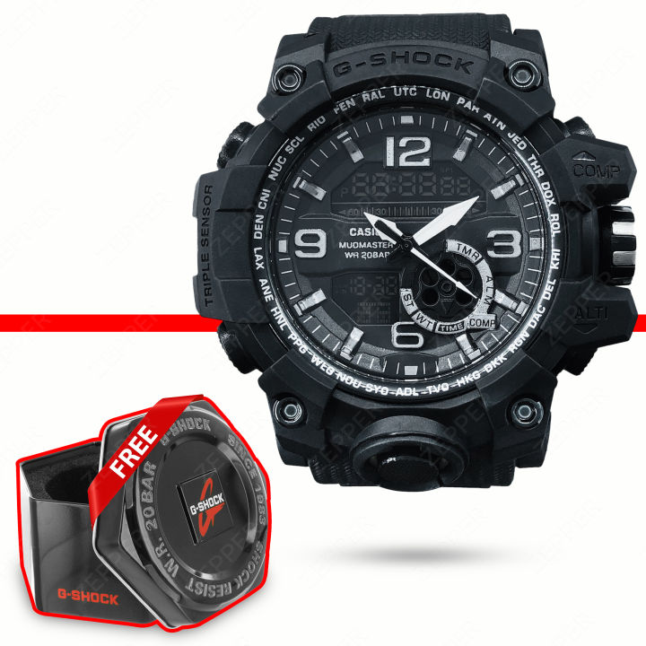 Dual Time Sport Watch Black with Steel Box Black Digital and Analog ZR ...