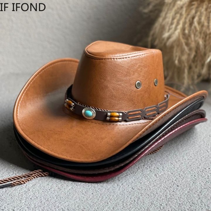 New Faux Leather Western Cowboy Hats For Women Men Vintage Gentleman Dress Hats Panama Cowgirl ...