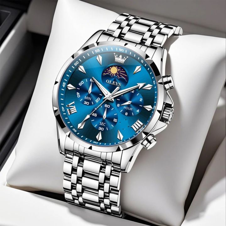 Silver Stainless Steel Watch Moon Phase Meter Chain Quartz Analog Wrist ...