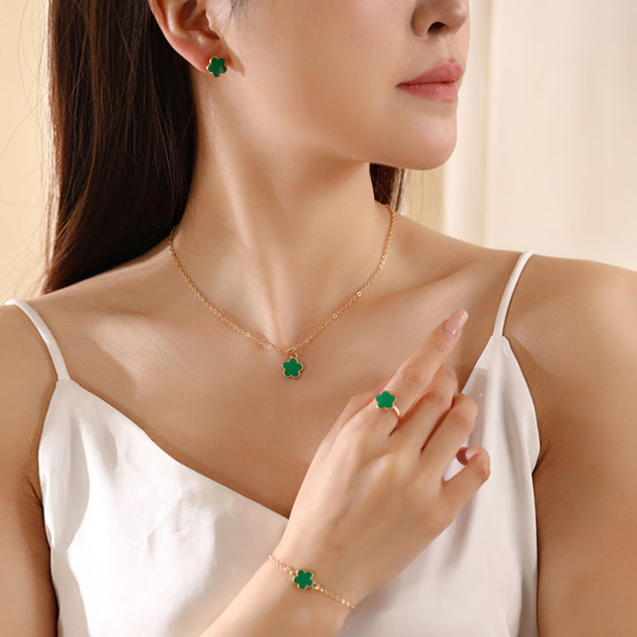 1Set Exquisite Fashion Five Leaf Grass Necklace Earrings Bracelet Ring For Women Girls Simple ...