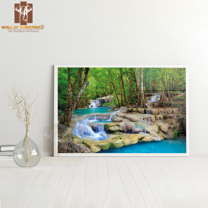 Waterfall In the Jungle with Blue Water High Quality Glass Frame Wall ...
