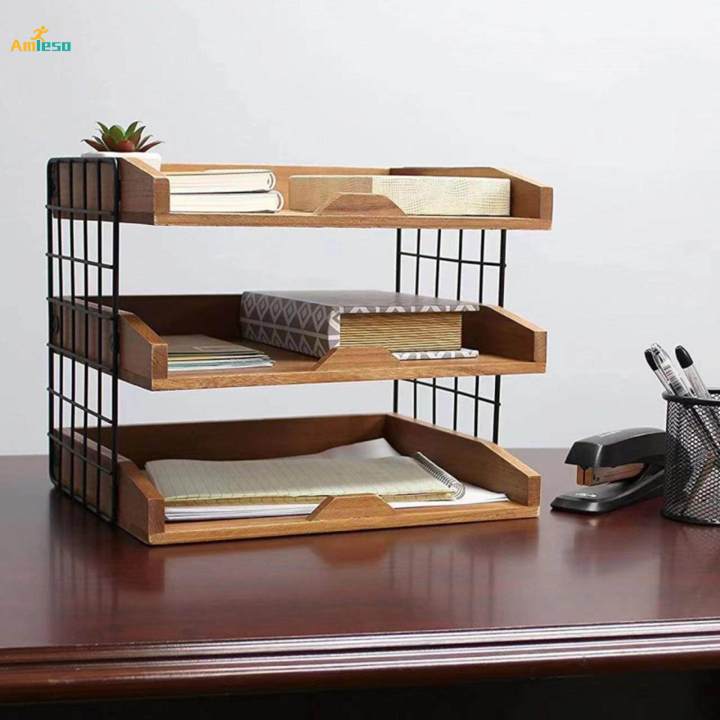 Wood Inbox Tray 3 Tier Wooden Metal Mesh Paper Tray Organizer File ...
