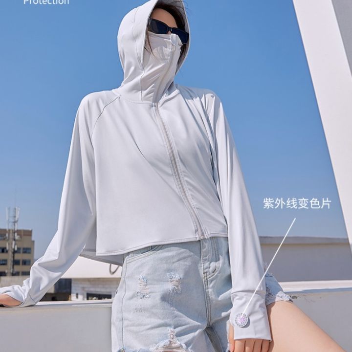 Summer UPF50 + Women Sunscreen Hoodie Long-sleeved Solid Color and Thin ...