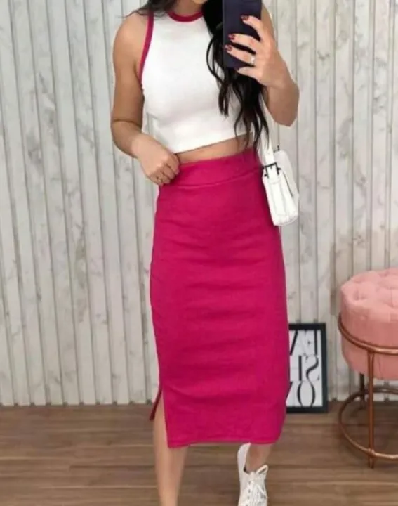 Shallow Collar Crop Top and Side Open Half Skirt / Pink White Mix Top ...