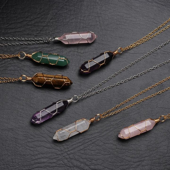 Natural Stone Pendant Necklaces Hexagonal Column Quartz Necklaces ...