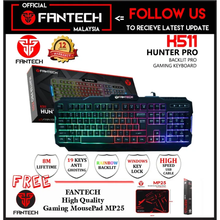 FANTECH K511 HUNTER PRO Rainbow Backlit Pro Gaming Keyboard with 12 ...