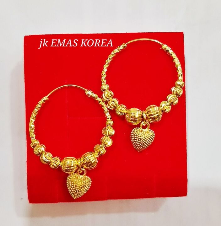 SUBANG BOBA 25MM + LOVE EARRING EMAS BANGKOK GOLD PLATED | Daraz.lk