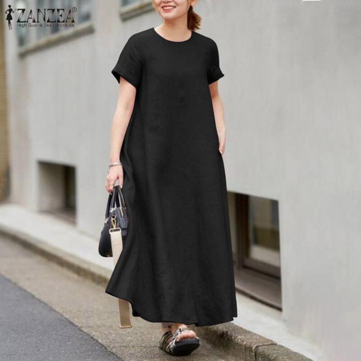 Zanzea Korean Style Womens Cotton Linen Short Sleeve Plain Oversized