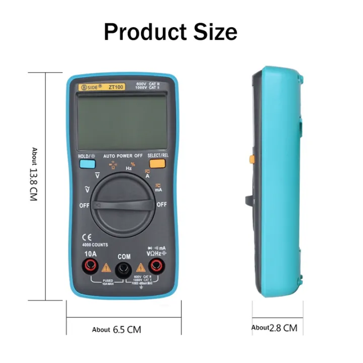 ZT100 Digital Multimeter 4000 Counts DC/AC Voltage Current Capacitance ...