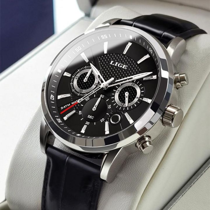Luxury Leather Band / Stainless Steel Analog Wrist Watch Lige - Black ...