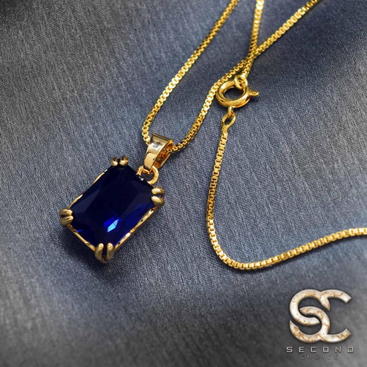 22KT gold plated Box Chain with CZ rectangle Dark Blue stone eye ...
