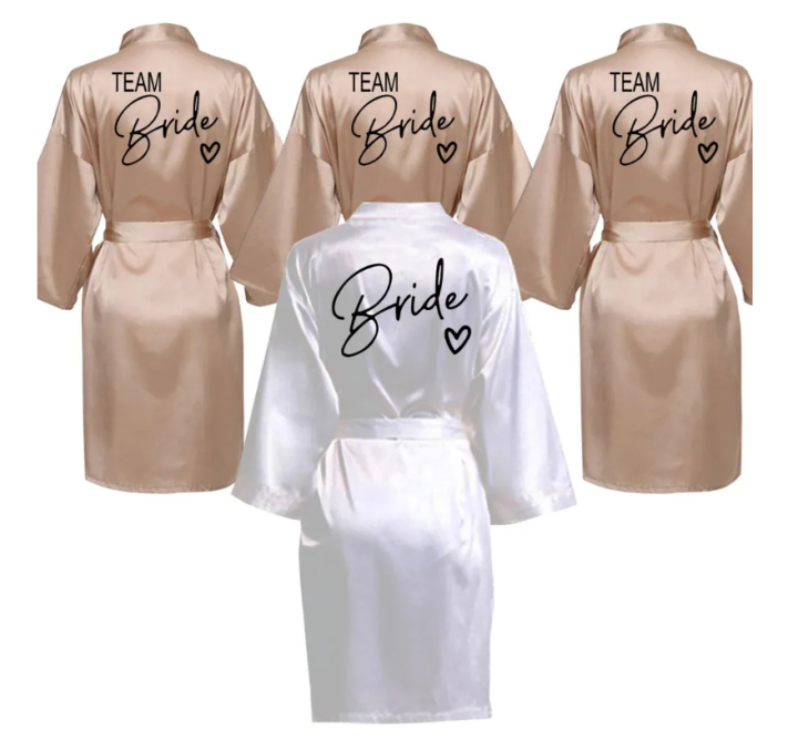 Wedding Party Team Bride Robe With Black Letters Kimono Satin Pajamas ...