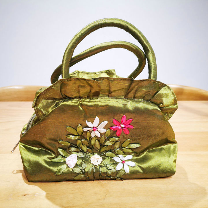 Chinese Retro Style Green Flower Bag Traditional Ribbon Embroidery ...