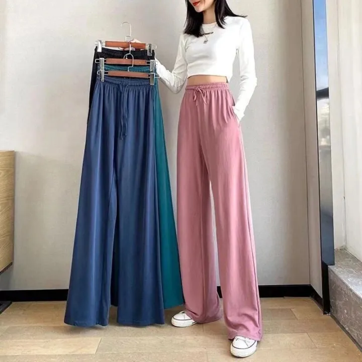 【HUT】 New Ladies Ice Silk Light Wide Leg Pants Girl Pure Color High ...