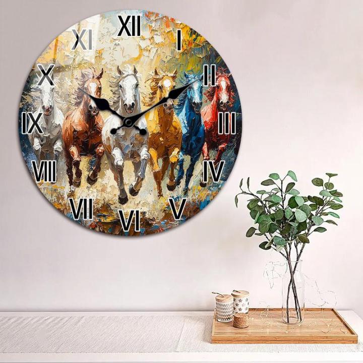 Innovation Running horses painting Quartz Analog Wooden Silent Wall ...