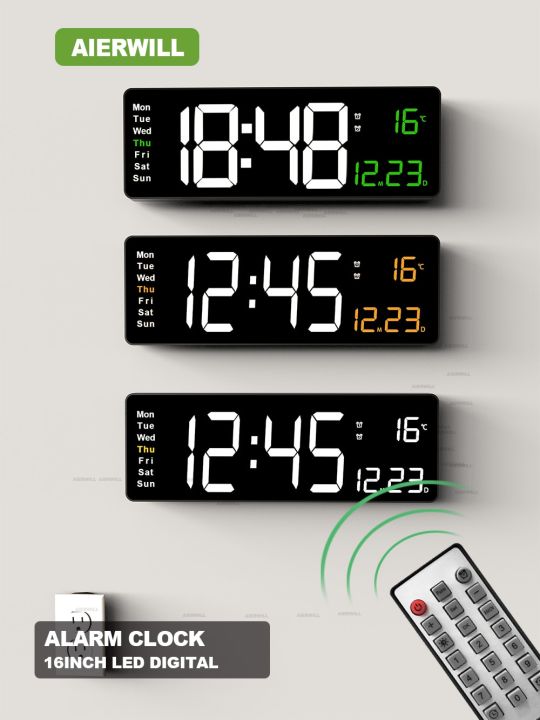 16inch Digital Wall Clock Large Led Alarm Clock Remote Control Date