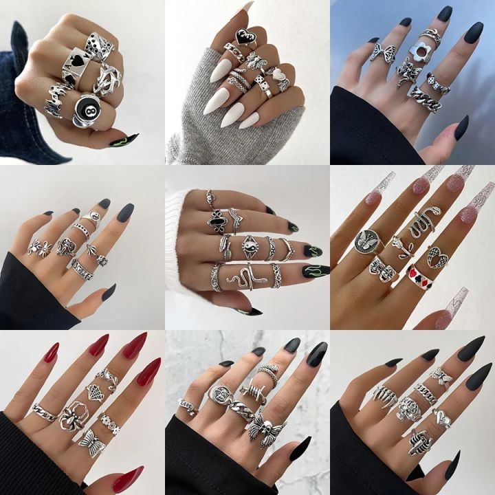 Vintage Punk Metal Multi Element Ring Set For Women Men Antique Silver ...