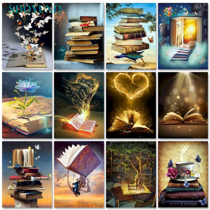 SDOYUNO Oil Paint By Numbers Kits Books Scenery Painting By Numbers On ...