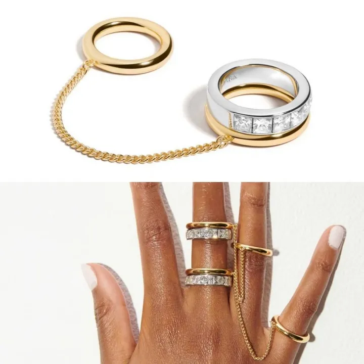 Chic Punk Chain Ring Zircon 18K Gold Silver Stackable Finger Ring ...