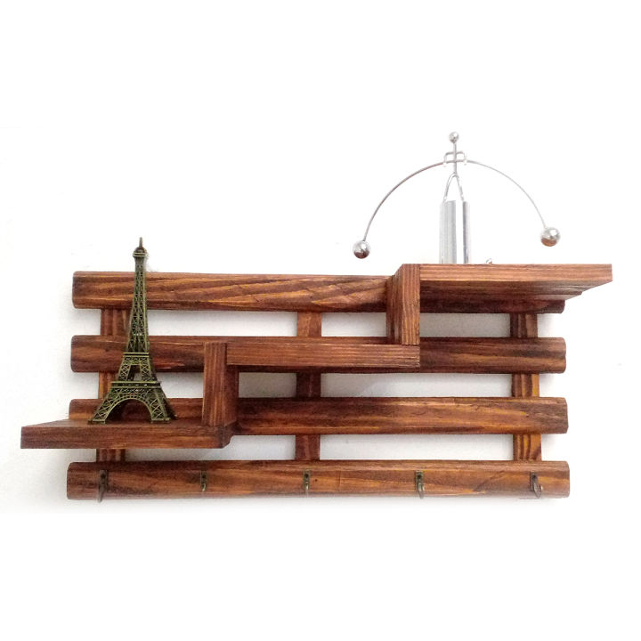 Wooden Wall-Mounted 3-Tier Stair Shelf with Key Hooks and Floating ...