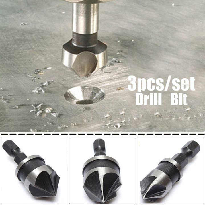 5 Flute 12/16/19mm Drill Bit Set Woodworking Hex Shank Chamfer Drill ...