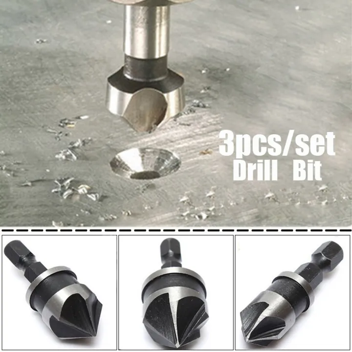 5 Flute 12/16/19mm Drill Bit Set Woodworking Hex Shank Chamfer Drill ...
