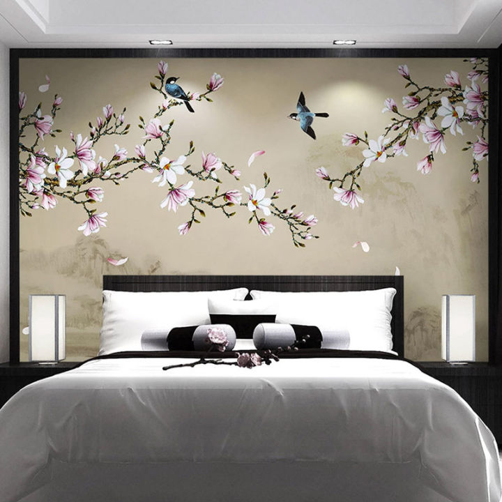 Custom 3D Photo Wallpaper Chinese Style Elegant Magnolia Flowers Birds ...