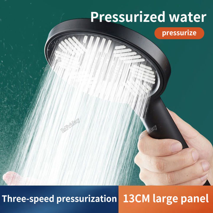 13CM Big Panel 3 Modes Shower Head Hand Black Round High Pressure ...