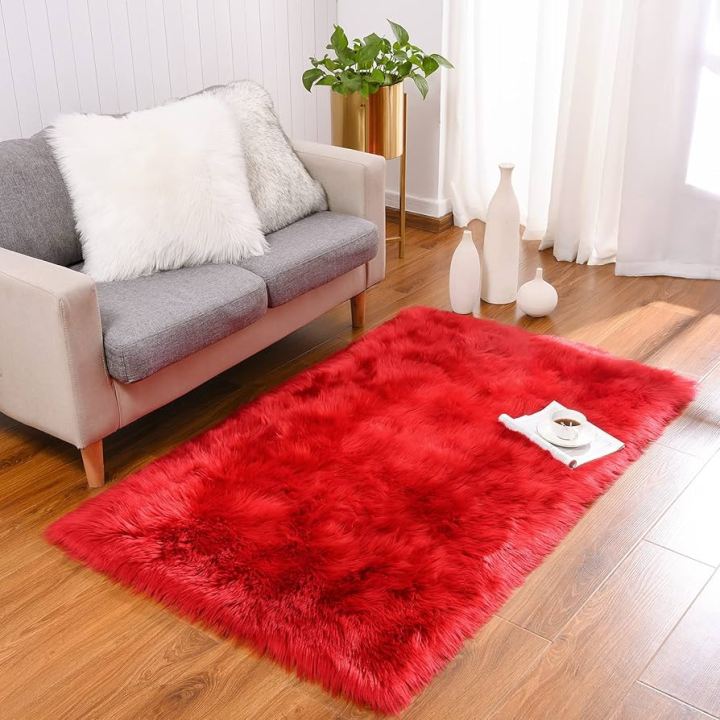 Faux Fur Carpets [3 x 5 feets] Red Colour | Bedroom/Living Room Fur ...