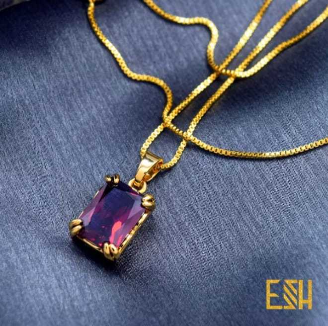 22KT gold plated 01MM BOX chain with Cubic zirconia rectangle RED stone ...